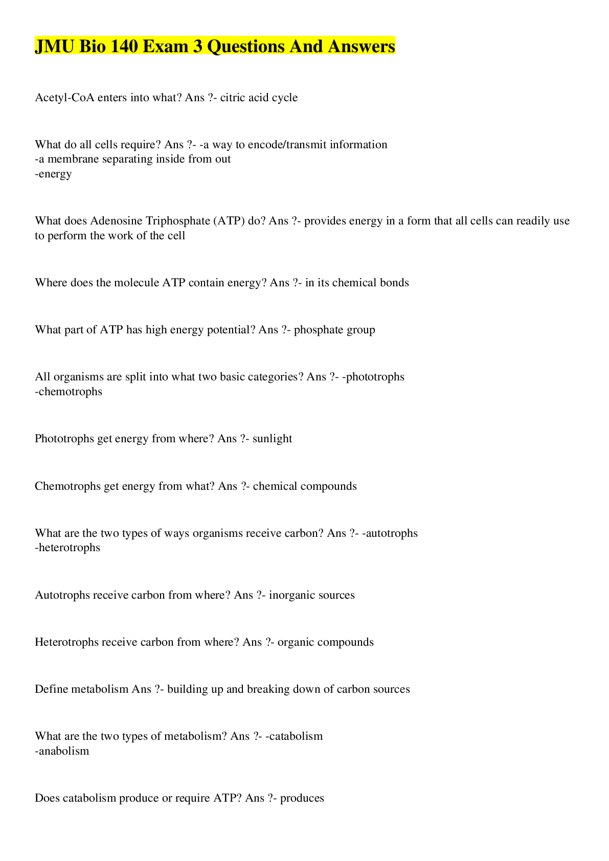 JMU Bio 140 Exam 3 Questions And Answers - Scholarfriends